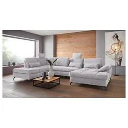 Wohnlandschaft Places of Style "Costello U-Form" Sofas Gr. B/H/T: 363 cm x 89 cm x 223 cm, Struktur flausch, Recamiere rechts, ohne Bettfunktion-ohne Stauraum, silberfarben (silber) incl. Sitztiefenverstellung und Armlehnfunktion, 3 Nierenkissen