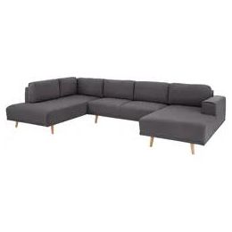 Wohnlandschaft Home Affaire "Lasse U-Form" Sofas Gr. B/H/T: 355cm x 84cm x 203cm, Struktur fein, Ottomane links, grau (anthrazit) im scandinavischem Stil mit Holzfüßen