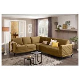 Ecksofa Home Affaire "Brahms" Sofas Gr. B/H/T: 242cm x 91cm x 286cm, Samtvelours, langer Schenkel rechts, grün (olive) Federkern, hohe Holzfüße in edler Optik, Karosteppung