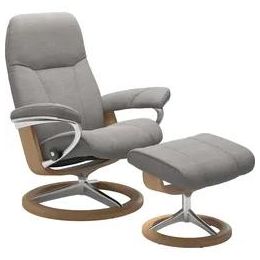 Relaxsessel stressless "Consul" Sessel Gr. Struktur fein JASMINE, Signature Base Eiche, BalanceAdaptTM-PlusTMSystem-Gleitsystem-Relaxfunktion-Drehfunktion-Kopfstützenverstellung-Rückteilverstellung, B/H/T: 91cm x 102cm x 79cm, grau (grey jasmine) mit Hocker, Signature Base, Größe L, Gestell Eiche