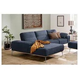 Ecksofa W.Schillig "run" Sofas Gr. B/H/T: 319cm x 88cm x 178cm, Stoff S37, Recamiere links, mit Sitztiefenverstellung, blau (dunkelblau s37) mit elegantem Holzsockel, Füße in Chrom glänzend, Breite 319 cm