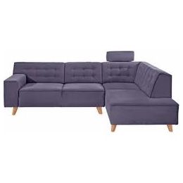 Ecksofa Tom Tailor HOME "NORDIC CHIC" Sofas Gr. B/H/T: 249cm x 77cm x 181cm, Samtstoff STC, Ottomane rechts, ohne Sitztiefenverstellung-mit Nackenstütze, lila (lila stc 18) mit Ottomane, wahlweise Sitzvorzug, Füße Buche natur