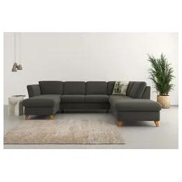 Wohnlandschaft Home Affaire "Trelleborg U-Form" Sofas Gr. B/H/T: 307cm x 86cm x 213cm, Struktur fein, Ottomane rechts, mit Bettfunktion-mit Stauraum, grau (anthrazit) Federkern-Polsterung, wahlweise mit Bettfunktion und Stauraum