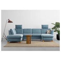 Wohnlandschaft Home Affaire "Trelleborg U-Form" Sofas Gr. B/H/T: 307 cm x 86 cm x 213 cm, Breitcord, Ottomane links, mit Bettfunktion-mit Stauraum, blau (blau, grau) wahlweise mit Bettfunktion und Bettkasten, inkl. Federkern-Polsterung