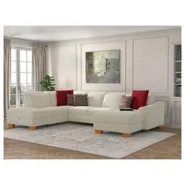 Sit & More Wohnlandschaft SIT&MORE "Dundee U-Form" Sofas Gr. B/H/T: 338 cm x 86 cm x 219 cm, Struktur weich, Ottomane links, mit Kopfteilverstellung-mit Bettfunktion-mit Stauraum, beige (creme) mit Federkern und Massivholzfüßen, wahlweise Kopfteilverstellung