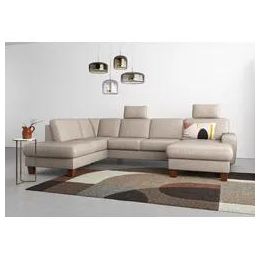 Wohnlandschaft Home Affaire "Vision U-Form" Sofas Gr. B/H/T: 315 cm x 90 cm x 215 cm, Luxus-Microfaser Lederoptik, Ottomane links, ohne Bettfunktion-ohne Stauraum, grau (hellgrau) wahlweise mit Bettfunktion und Stauraum, auch in Easy Care-Bezug