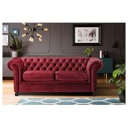 Chesterfield-Sofa Home Affaire "Chesterfield Home 3-Sitzer B/T/H: 192/87/75 cn" Sofas Gr. B/H/T: 192cm x 75cm x 90cm, Samtvelours, Frei im Raum stellbar, rot (dunkelrot) Sofas mit edler Knopfheftung und typischen Armlehnen