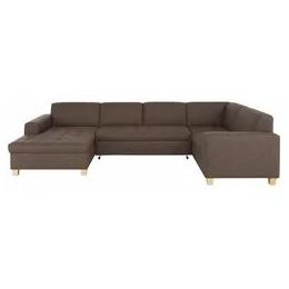 Wohnlandschaft Home Affaire "Corby U-Form" Sofas Gr. B/H/T: 333cm x 80cm x 199cm, Struktur fein, Recamiere links, ohne Bettfunktion, braun (mittelbraun) wahlweise mit Bettfunktion, Steppung auf Sitzfläche