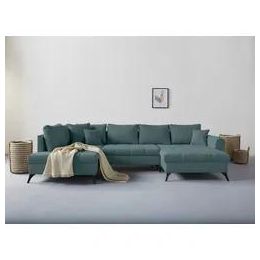 Wohnlandschaft Inosign "Lörby U-Form" Sofas Gr. B/H/T: 339 cm x 90 cm x 190 cm, Luxus-Microfaser weich, Ottomane links, Luxus Microfaser weich, blau (petrol) auch mit Aqua clean-Bezug, feine Steppung im Sitzbereich, lose Kissen