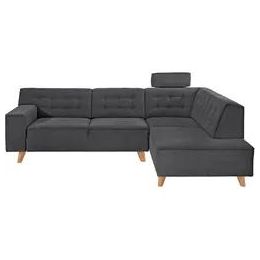 Ecksofa Tom Tailor HOME "NORDIC CHIC" Sofas Gr. B/H/T: 249cm x 77cm x 181cm, Samtstoff STC, Ottomane rechts, mit Sitztiefenverstellung-mit Nackenstütze, schwarz (tarmac stc 19) mit Ottomane, wahlweise Sitzvorzug, Füße Buche natur