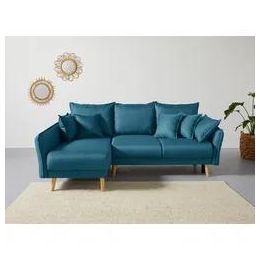 Ecksofa Home Affaire "Granbo L-Form" Sofas Gr. B/H/T: 240cm x 95cm x 170cm, Struktur fein, Recamiere links, mit Bettfunktion-mit Bettkasten, blau (petrol) incl. Bettfunktion und Bettkasten, Federkern-Polsterung, Seitentasche