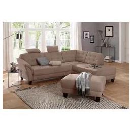 Ecksofa Home Affaire "Trondheim L-Form" Sofas Gr. B/H/T: 260cm x 89cm x 214cm, Struktur fein, Ottomane rechts, ohne Vorziehfunktion-ohne Stauraum, beige (dunkelbeige) mit Federkern und Knopfheftung im Rücken, Füße Buche dunkel