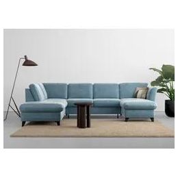 Wohnlandschaft Home Affaire "Trelleborg U-Form" Sofas Gr. B/H/T: 307cm x 86cm x 213cm, Breitcord, Ottomane links, mit Bettfunktion-mit Stauraum, blau (blau/grau) wahlweise mit Bettfunktion und Bettkasten, inkl. Federkern-Polsterung