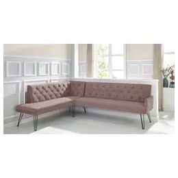 Eckbank exxpo - SOFA FASHION "Doppio, Chesterfield Optik, komfortabel und bequem, hohe Designfüße" Sitzbänke Gr. B/H/T: 197cm x 90cm x 255cm, Samtvelours, langer Schenkel rechts, pink (powder pink) Frei im Raum stellbar