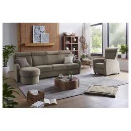 Ecksofa VILLA BECK "Varese L-Form" Sofas Gr. B/H/T: 256cm x 99cm x 83cm, Microfaser-Flock, Longchair links, mit Bettkasten, beige (2 stone) Kopfteilverstellung, wahlweise mit Sitzvorzug, in Sitzhöhe 46 cm