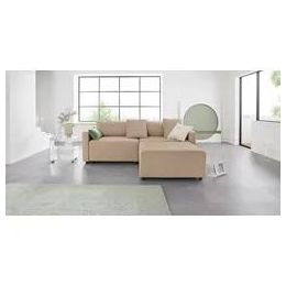 Ecksofa Inosign "Marva 3tlg. L-Form" Sofas Gr. B/H/T: 220cm x 89cm x 180cm, Samtoptik, beige beide Armlehnelemente ausziehbar für Bettfunktion, mit Bettkasten