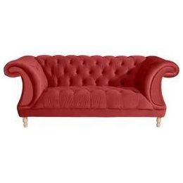 Chesterfield-Sofa Max Winzer "Isabelle" Sofas Gr. B/H/T: 200cm x 80cm x 100cm, Samtvelours 20442, rot (ziegel) mit Knopfheftung & gedrechselten Füßen in Buche natur, Breite 200 cm