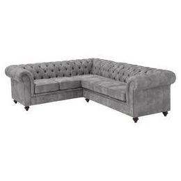 Chesterfield-Sofa Home Affaire "Chesterfield Ecksofa, auch in Leder L-Form" Sofas Gr. B/H/T: 250cm x 74cm x 210cm, Luxus-Microfaser Lederoptik, langer Schenkel rechts, grau (hellgrau) hochwertige Knopfheftung, langer Schenkel links oder rechts wählbar