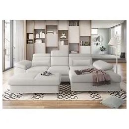 Sit & More Ecksofa SIT&MORE "Cabrio L-Form" Sofas Gr. B/H/T: 295 cm x 87 cm x 180 cm, Struktur weich, Recamiere links, mit Sitztiefenverstellung-mit Kopfteilverstellung-mit Armteilfunktion-mit 2 Nierenkissen, grau (hellgrau) mit Sitztiefen- und Armteilverstellung sowie Federkern, 2 Nierenkissen