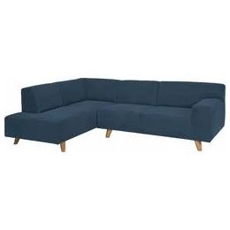 Ecksofa Tom Tailor HOME "NORDIC PURE" Sofas Gr. B/H/T: 249cm x 77cm x 181cm, Samtstoff STC, Ottomane links, blau (ink blue stc 6) mit Ottomane, im Retrolook, Füße Buche natur