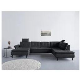 Wohnlandschaft Inosign "Birkholm U-Form" Sofas Gr. B/H/T: 347cm x 83cm x 226cm, Luxus-Microfaser in Lederoptik, Ottomane rechts, mit Armlehnfunktion, blau (dunkelblau) Armlehnverstellung, auch in Easy Clean Bezug - mit Wasser zu reinigen