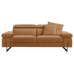 2,5-Sitzer Egoitaliano "Candice" Sofas Gr. B/H/T: 222 cm x 100 cm x 108 cm, Luxus-Microfaser Lederoptik, braun (cognac) Kopfteile manuell verstellbar, titanumfarbene Kufenfüße