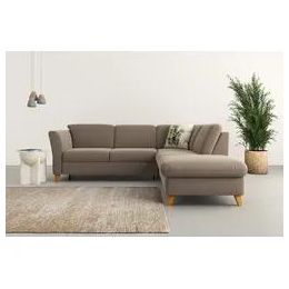 Ecksofa Home Affaire "Trelleborg L-Form" Sofas Gr. B/H/T: 252cm x 86cm x 213cm, Struktur fein, Ottomane rechts, mit Bettfunktion-mit Stauraum, beige (dunkelbeige) Federkern-Polsterung, wahlweise mit Bettfunktion und Stauraum