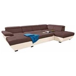 Wohnlandschaft COTTA "Speedway U-Form" Sofas Gr. B/H/T: 332cm x 79cm x 102cm, Kunstleder SOFTLUX-Luxus-Microfaser, Recamiere links, mit Bettfunktion-mit Bettkasten-mit Kopfteilverstellung, braun (creme, braun) wahlweise mit Bettfunktion und Bettkasten