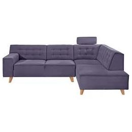 Ecksofa Tom Tailor HOME "NORDIC CHIC" Sofas Gr. B/H/T: 249cm x 77cm x 181cm, Samtstoff STC, Ottomane rechts, mit Sitztiefenverstellung-mit Nackenstütze, lila (lila stc 18) mit Ottomane, wahlweise Sitzvorzug, Füße Buche natur