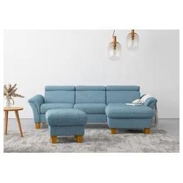 Ecksofa Home Affaire "Lindgren L-Form" Sofas Gr. B/H/T: 258cm x 84cm x 169cm, Struktur, Recamiere rechts, mit Bettfunktion mit einklappbaren Rollen-mit Bettkasten-mit Kopfteilverstellung-ohne Relaxfunktion motorisch im Recamiere-mit Federkern, blau (eisblau) wahlweise mit Bett klappbaren Rollen, Kasten und Kopfverstellung