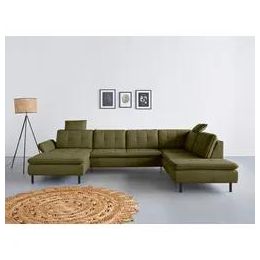 Wohnlandschaft Inosign "Birkholm U-Form" Sofas Gr. B/H/T: 347 cm x 83 cm x 226 cm, Olympia EASY CLEAN, Ottomane rechts, mit Armlehnfunktion, grün (olive) Armlehnverstellung, auch in Easy Clean Bezug - mit Wasser zu reinigen