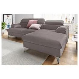 Ecksofa COTTA "Caluso L-Form" Sofas Gr. B/H/T: 254cm x 74cm x 167cm, Microfaser PRIMABELLE, Recamiere rechts, mit Bettfunktion-mit Bettkasten-mit Kopfteilverstellung, grau inklusive Kopfteilverstellung, wahlweise mit Bettfunktion