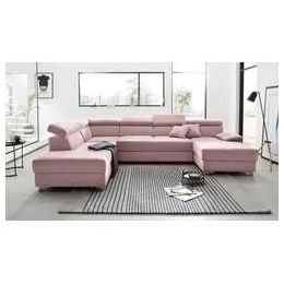 Wohnlandschaft DOMO collection "Mira U-Form" Sofas Gr. B/H/T: 337cm x 78cm x 230cm, Luxus-Microfaser, Recamiere rechts, mit Kopfteilverstellung-mit Bettfunktion, rosa (flamingo) wahlweise mit Bettfunktion und Bettkasten