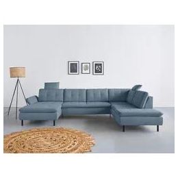 Wohnlandschaft Inosign "Birkholm U-Form" Sofas Gr. B/H/T: 347 cm x 83 cm x 226 cm, Olympia EASY CLEAN, Ottomane rechts, mit Armlehnfunktion, blau (hellblau) Armlehnverstellung, auch in Easy Clean Bezug - mit Wasser zu reinigen