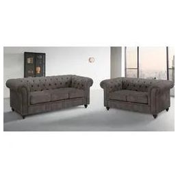 Sitzgruppe Home Affaire "Chesterfield" Sitzmöbel-Sets Gr. H/T: 74cm x 89cm, Luxus-Microfaser Lederoptik, braun (dunkelbraun) hochwertige Knopfheftung, bestehend aus 2- und 3-Sitzer