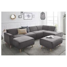 Wohnlandschaft Andas "Janek U-Form" Sofas Gr. B/H/T: 324cm x 81cm x 191cm, Struktur fein, Ottomane rechts, ohne Funktion, schwarz (pepper) mit Federkern und Keder in scandinavischem Design