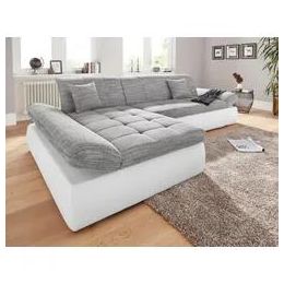 Ecksofa DOMO collection "PB Moric wahlweise mit Bettfunktion + Armteilverstellung, L-Form", weiß (weiß, weiß, grau, grau), B:300cm H:80cm T:172cm, Kunstleder SOFTLUX / Struktur (90% Polyester, 10% Polyacryl), Zierkissen: Struktur (90% Polyester, 10% Polyacryl), Microfaser PRIMABELLE (100% Polyester) / Struktur (90% Polyester, 10% Polyacryl), Sofas, im XXL-Format, B/T/H:300/172/80 cm, feine Steppun