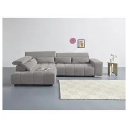 Ecksofa COTTA "Orion L-Form" Sofas Gr. B/H/T: 310cm x 70cm x 225cm, Microfaser, Ottomane links, grau (stone) mit Ottomane, inklusive verstellbarer Kopfstützen und 5 Nierenkissen