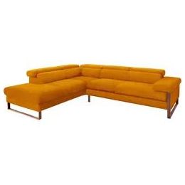 Ecksofa W.Schillig "finn" Sofas Gr. B/H/T: 281cm x 71cm x 230cm, Stoff S37, Ottomane links, ohne Kopfteilverstellung-ohne Sitztiefenverstellung, gelb (brandy s37) German Design Award 2016, Fußgestell Nussbaum natur, Breite 281 cm