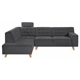 Ecksofa Tom Tailor HOME "NORDIC CHIC" Sofas Gr. B/H/T: 249cm x 77cm x 181cm, Samtstoff STC, Ottomane links, mit Sitztiefenverstellung-mit Nackenstütze, schwarz (tarmac stc 19) mit Ottomane, wahlweise Sitzvorzug, Füße Buche natur