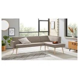 Eckbank exxpo - SOFA FASHION "Lungo, moderne Kedernaht, bequem und elegant, hoher Holzfuß" Sitzbänke Gr. B/H/T: 158cm x 84cm x 239cm, Webstoff, langer Schenkel links, grau (melange) hochwertige Detailverarbeitung, frei im Raum stellbar