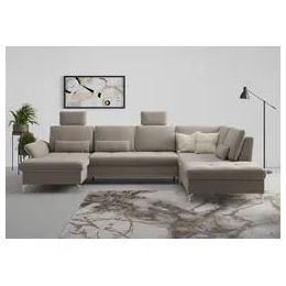 Wohnlandschaft Inosign "Palm Beach U-Form" Sofas Gr. B/H/T: 347 cm x 89 cm x 224 cm, Chenille-Optik, mega-Recamiere links, mit Sitztiefenverstellung-mit Bettfunktiom-mit Stauraum-mit Armteilverstellung, braun (latte) Federkern, mit Sitztiefenverstellung, wahlweise Bettfunktion