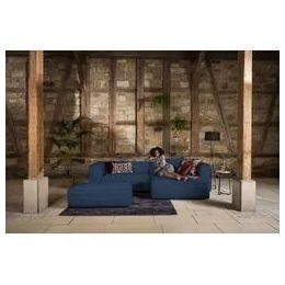 Ecksofa W.Schillig "around-the-block" Sofas Gr. B/H/T: 300 cm x 66 cm x 164 cm, Longlife fabric Flachgewebe T88, Longchair rechts, blau (blue t88) inklusive Hocker, mit eleganter Biese, Federkern