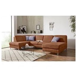 Sit & More Wohnlandschaft SIT & MORE "Clio U-Form" Sofas Gr. B/H/T: 319cm x 89cm x 190cm, Microfaser, Ottomane links, ohne Bettfunktion-ohne Bettkasten, braun (cognac) wahlweise mit Bettfunktion und Bettkasten, inklusive Federkern