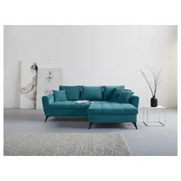 Ecksofa Inosign "Lörby L-Form" Sofas Gr. B/H/T: 246cm x 90cm x 170cm, Aqua Clean Pascha, Recamiere rechts, Aqua Clean Pascha, blau (petrol) auch mit Aqua clean-Bezug, feine Steppung im Sitzbereich, lose Kissen