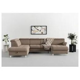 Sit & More Wohnlandschaft SIT & MORE "Marano U-Form", grau (taupe), B:304cm T:216cm, 98% Polyester, 2% Polyamid, Sofas, inklusive Kopfteilverstellung, wahlweise mit Bettfunktion, Bettkasten