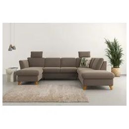 Wohnlandschaft Home Affaire "Trelleborg U-Form" Sofas Gr. B/H/T: 307cm x 86cm x 213cm, Struktur fein, Ottomane rechts, ohne Bettfunktion-ohne Stauraum, beige (dunkelbeige) Federkern-Polsterung, wahlweise mit Bettfunktion und Stauraum