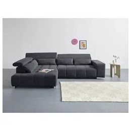 Ecksofa COTTA "Orion L-Form" Sofas Gr. B/H/T: 310cm x 70cm x 225cm, Chenille-Struktur, Ottomane links, schwarz mit Ottomane, inklusive verstellbarer Kopfstützen und 5 Nierenkissen