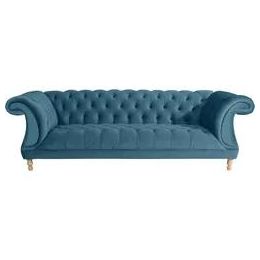 Chesterfield-Sofa Max Winzer "Isabelle" Sofas Gr. B/H/T: 253cm x 80cm x 100cm, Samtvelours 20442, blau (petrol) mit Knopfheftung & gedrechselten Füßen in Buche natur, Breite 260 cm