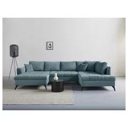 Wohnlandschaft Inosign "Lörby U-Form" Sofas Gr. B/H/T: 339 cm x 90 cm x 190 cm, Feincord, Ottomane rechts, Feincord, blau (blaugrau) auch mit Aqua clean-Bezug, feine Steppung im Sitzbereich, lose Kissen